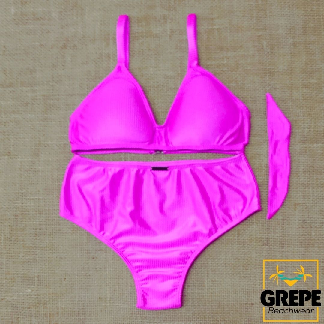 Biquíni Cintura Alta Hot Pant Canelado Pink Alzira Grepe Beachwear