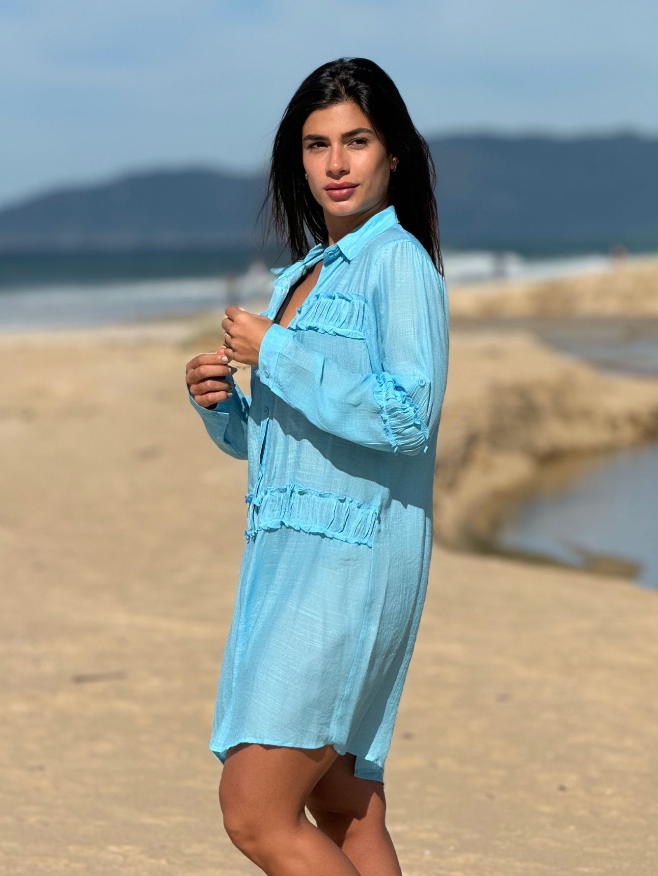 Saída De Praia Camisa Elegante Manga Longa Grepe Beachwear